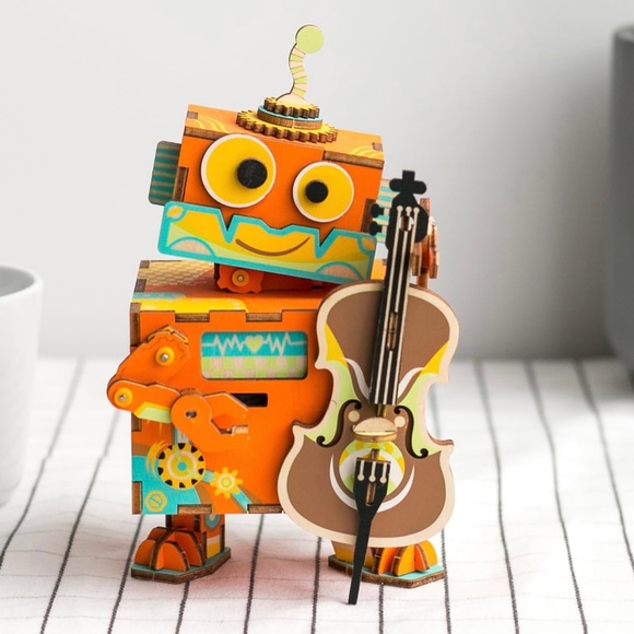 Toys | 3d Puzzle Diy Wooden Music Box Toy Robot Movable Puzzle Kit ...